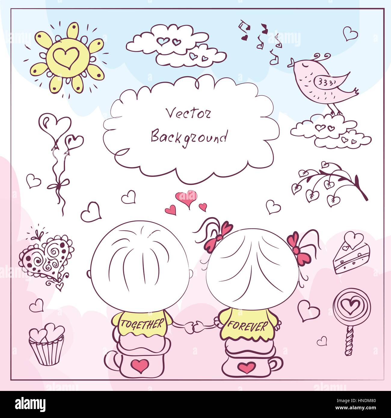 color vector background with love couple, different cute objects and ...