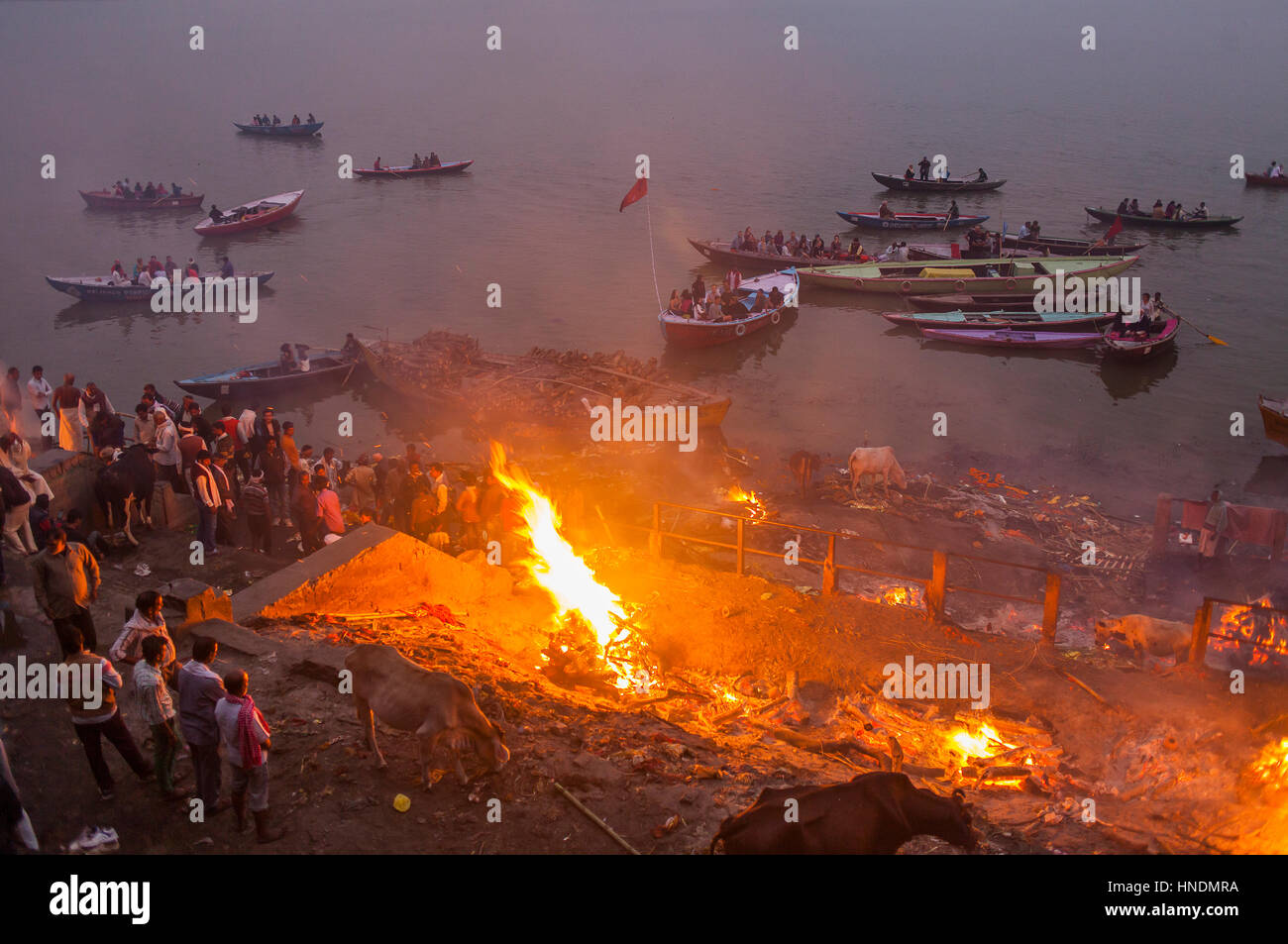 Landscape, panorama,panoramic,Cremation of bodies, in Manikarnika Ghat ...