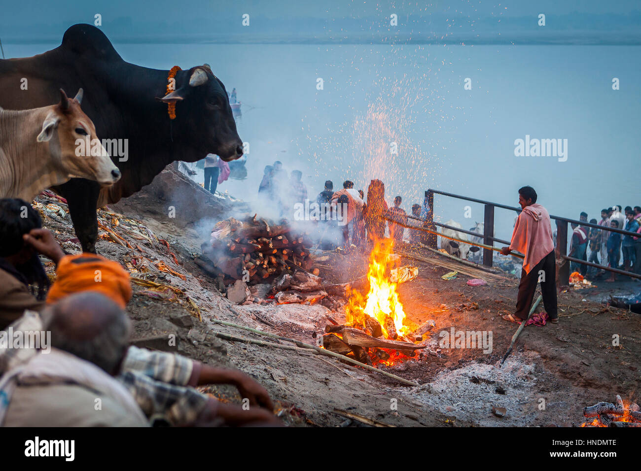 Landscape, panorama,panoramic, Cremation of bodies, in Manikarnika Ghat ...