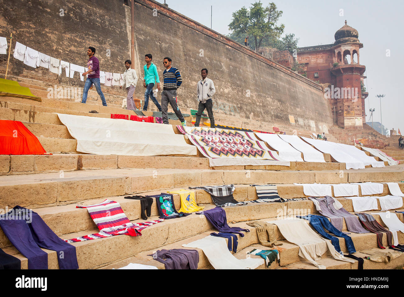 incidentally people and laundry drying, Dasaswamedh Ghat, in Ganges ...