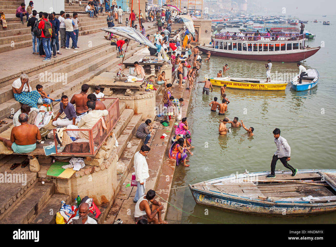 Panorama, panoramic, Dashashwamedh ghat (main ghat), in Ganges river ...
