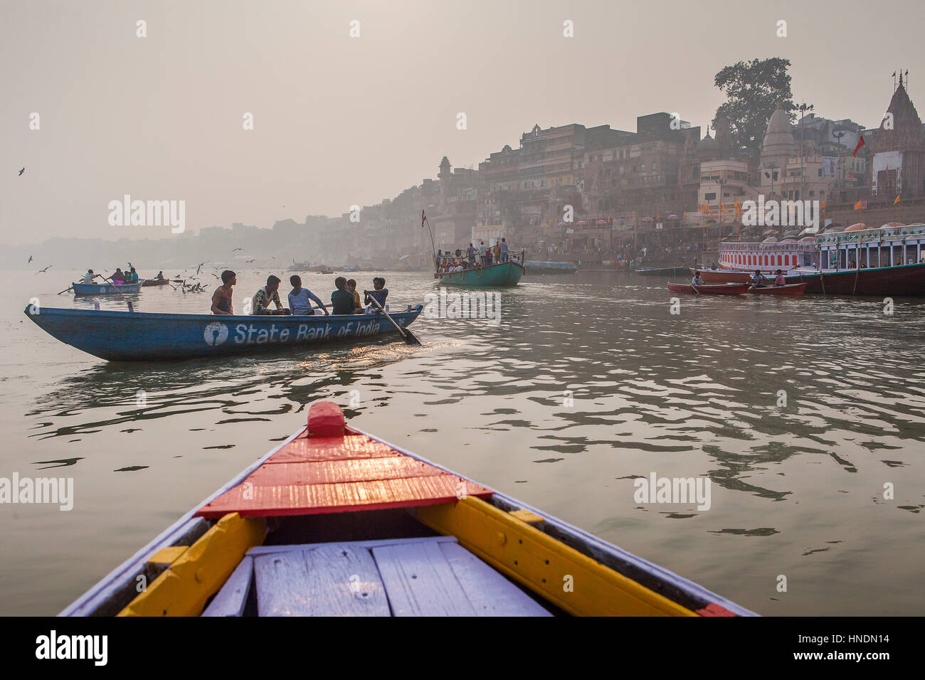 Panorama, panoramic, Pilgrims in a boats sailing and praying, Ganges ...