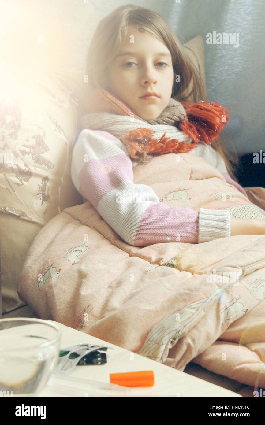 small child falls ill, treatment and prevention, soft light effect ...