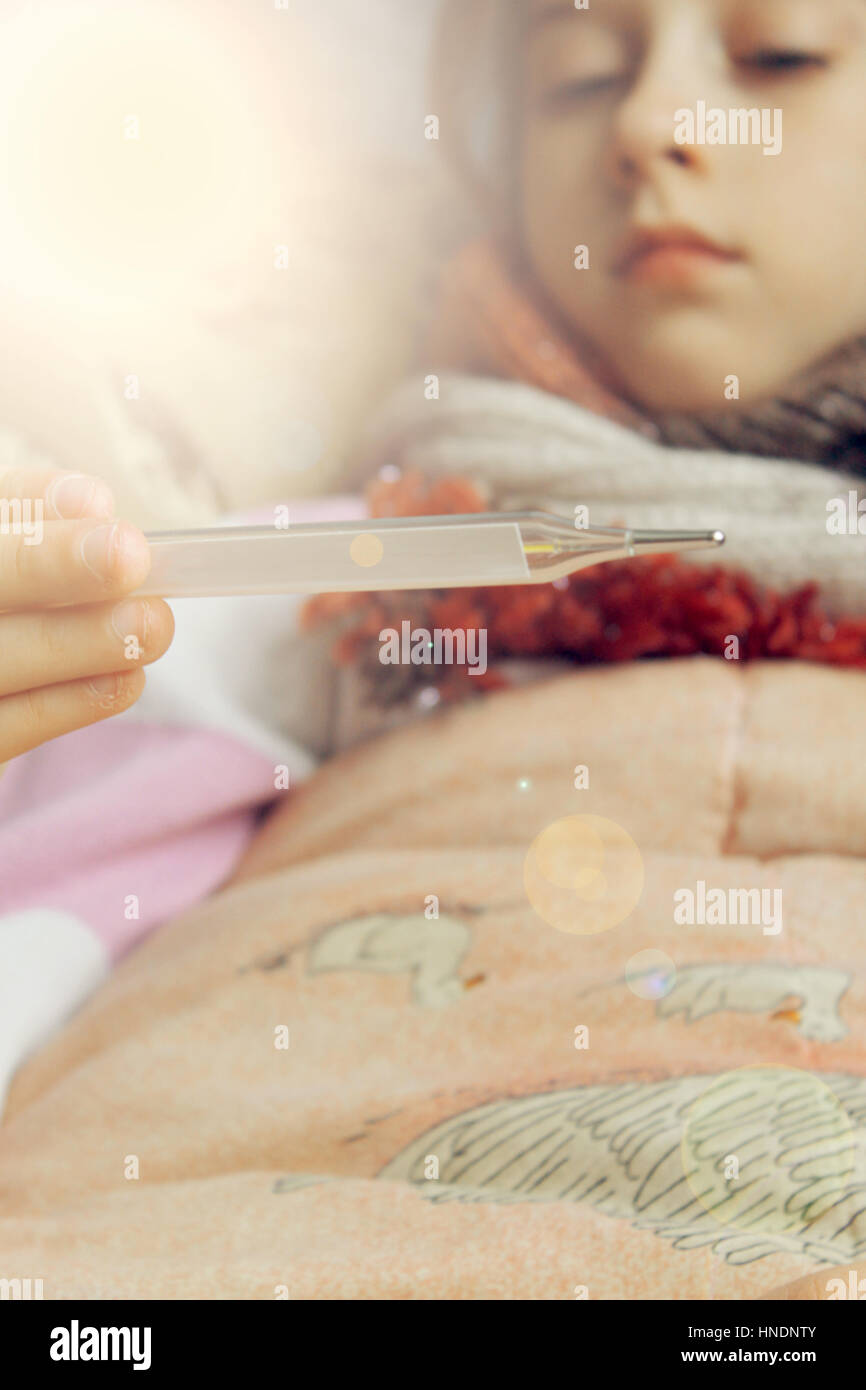 small child falls ill, treatment and prevention, soft light effect ...