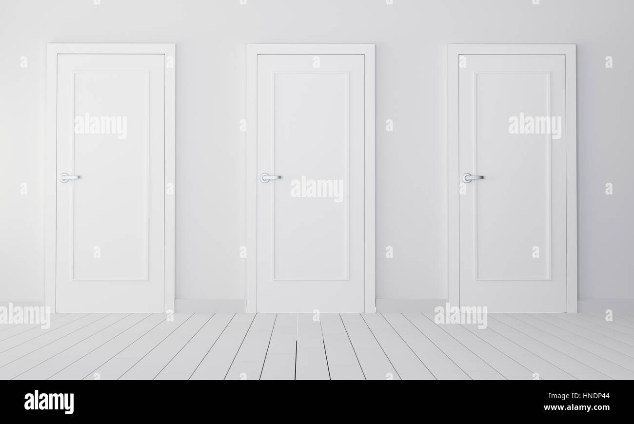 Interior with three white closed doors. 3d rendering Stock Photo - Alamy