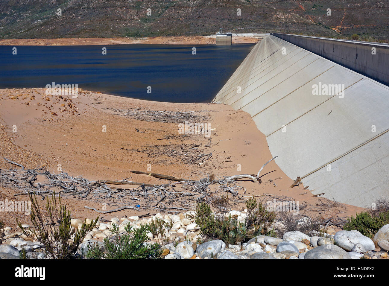 Extremely low water level in Berg River dam near Franschhoek in the ...