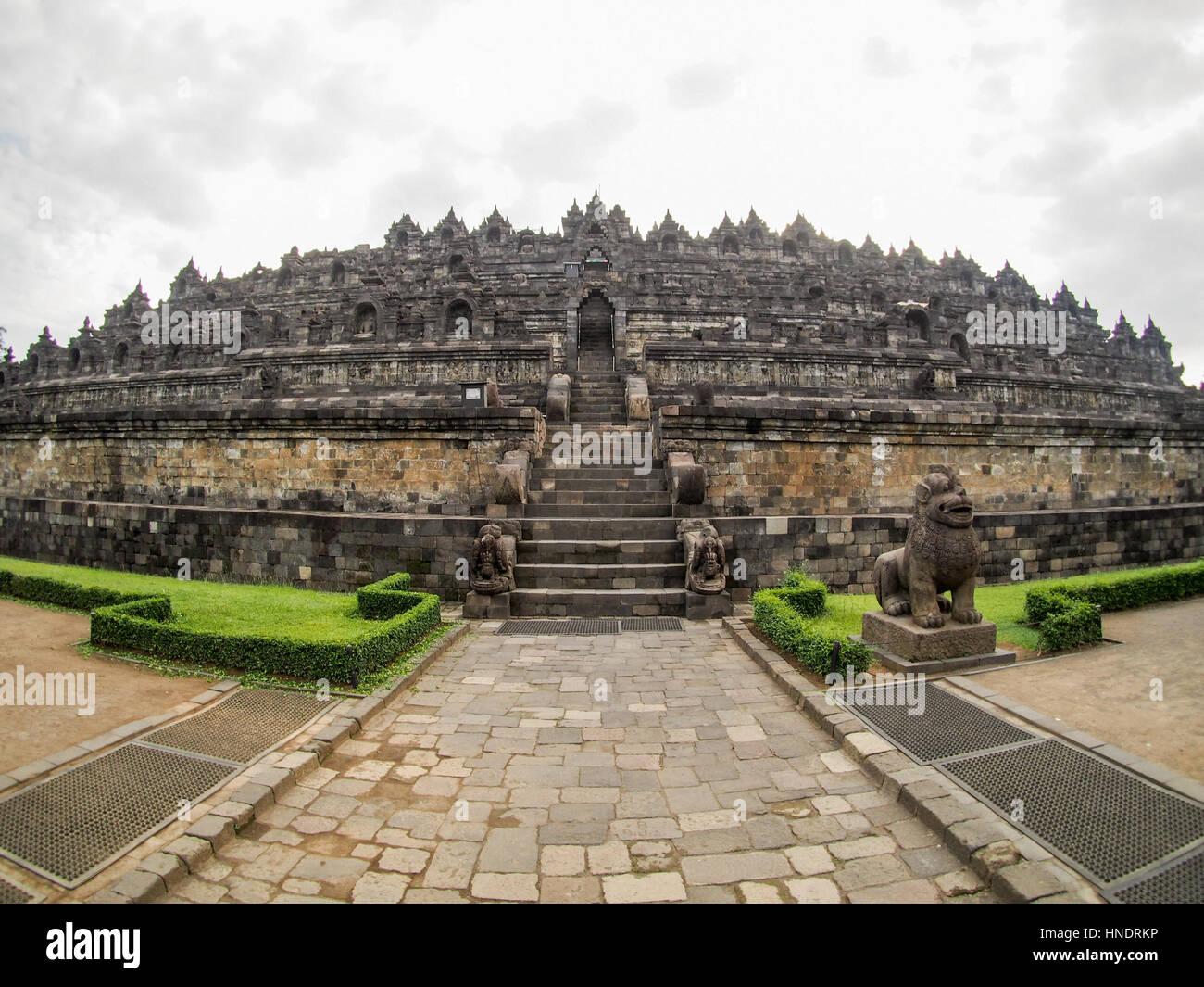 A fisheye view of the ancient temple of Borobudur near Yogyakarta ...