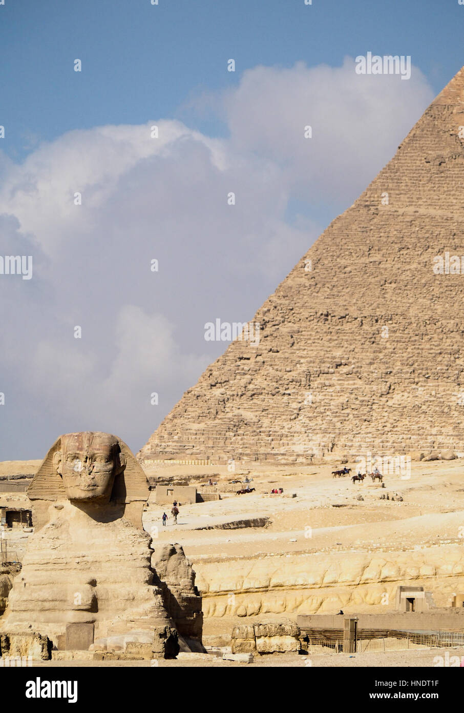 Ancient sphinx statue in front of the Great Pyramids of Giza in the ...