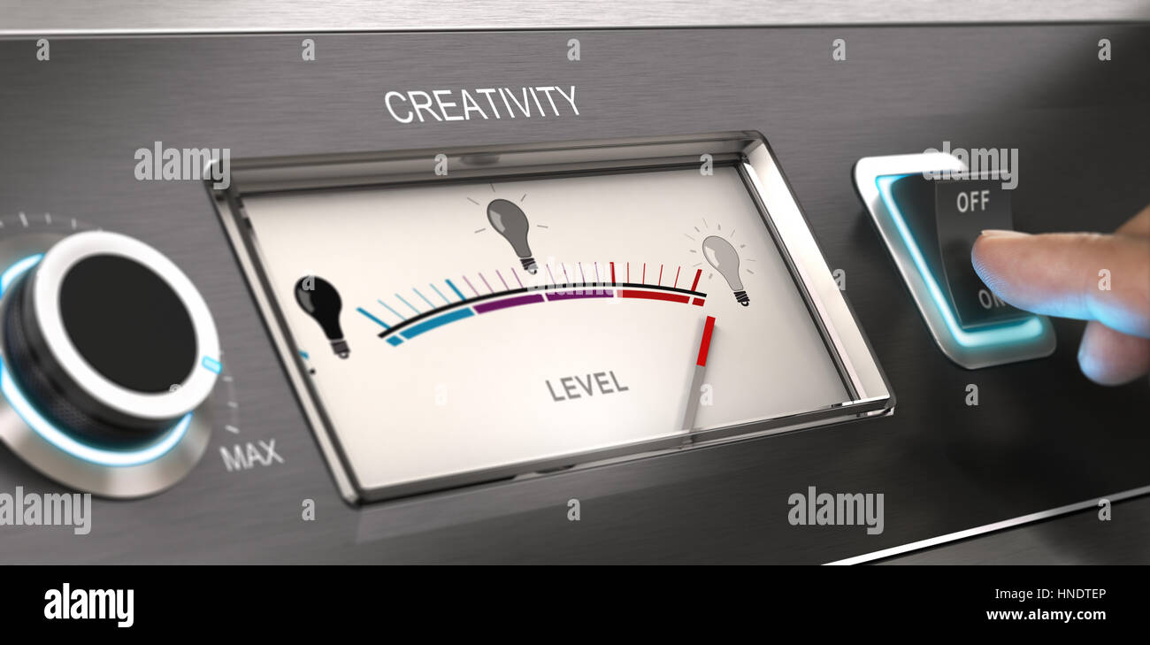 Creative mode Concept. Finger pressing a push button with dial ...