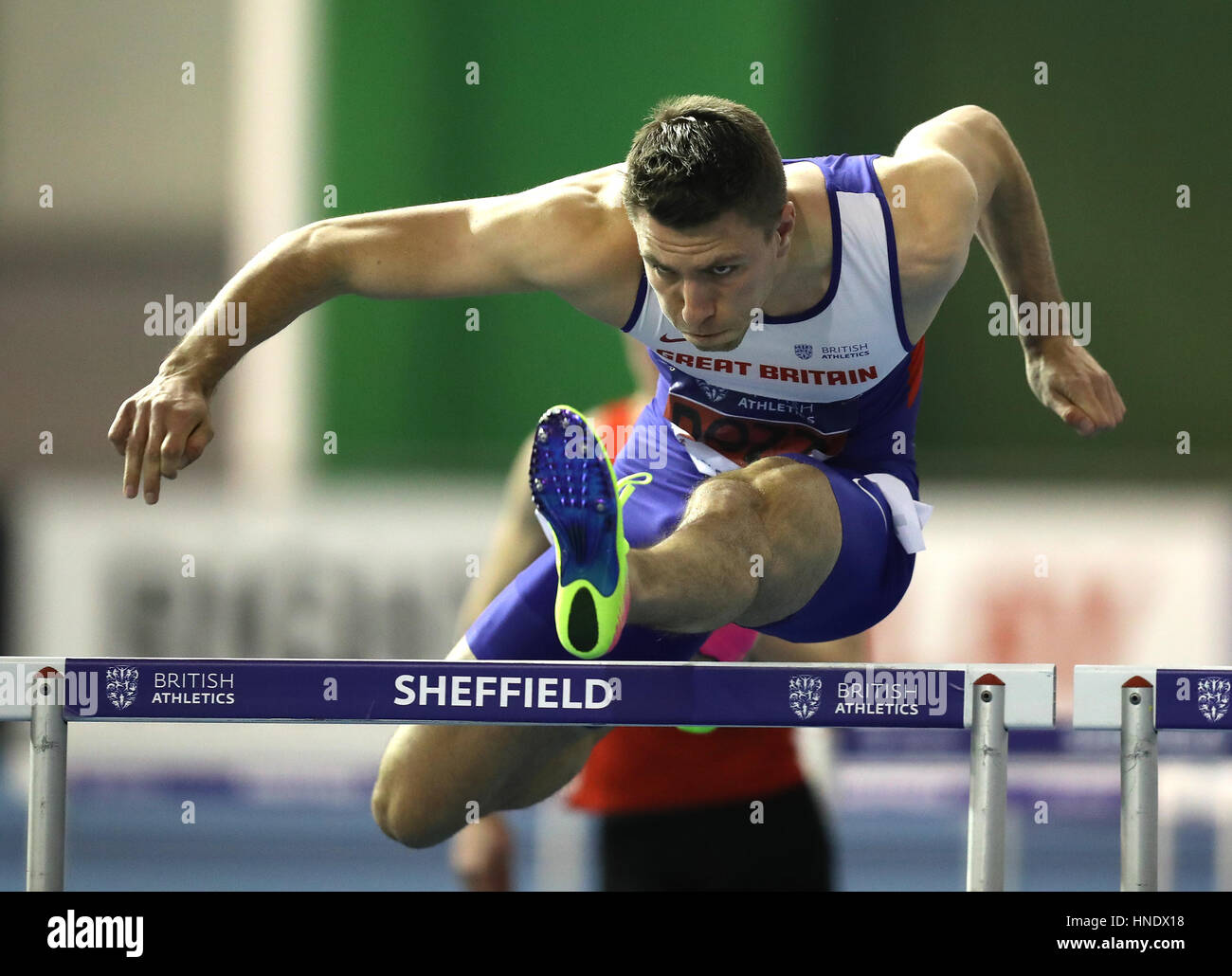 Andrew Pozzi in the mens 60m hurdle heats during day one of the British ...