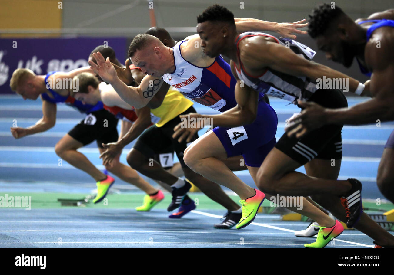 Richard Kilty (4) leaves his blocks in the mens 60m semi final during ...