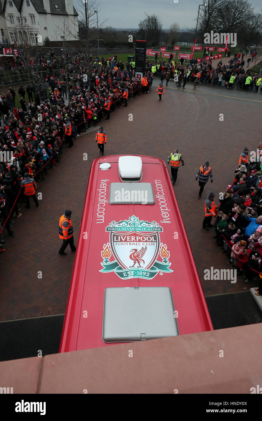 A general view of the Liverpool team bus arriving during the Premier ...