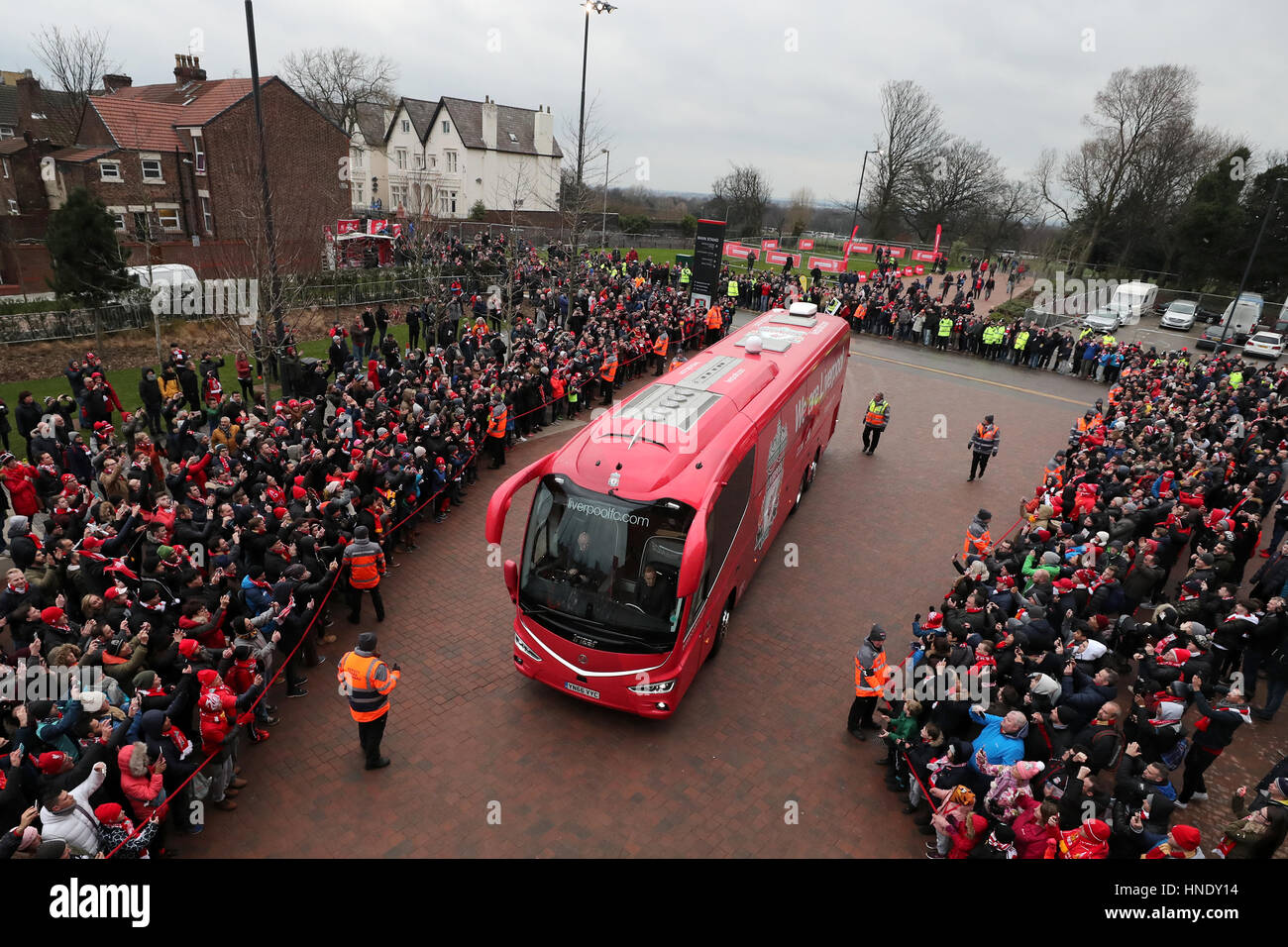 A general view of the Liverpool team bus arriving during the Premier ...
