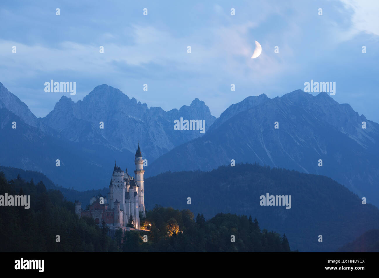 World-famous Neuschwanstein Castle at night, Germany, European landmark ...