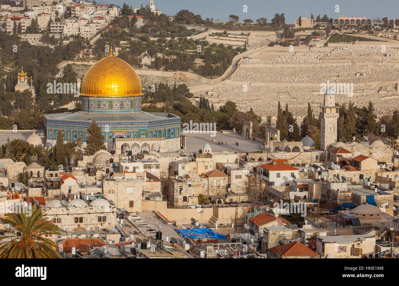 Aerial view of old City, is possible to see The Dome of the Rock and ...