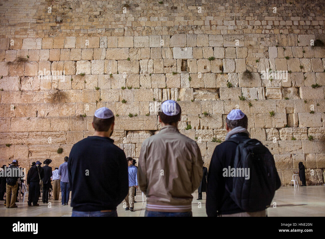 Wailing Wall, men's prayer area, men praying at the Western Wall, Jewish Quarter, Old City ...