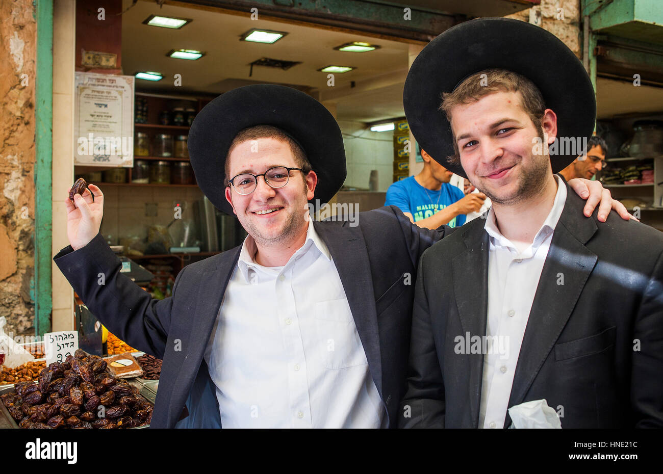 Friends, shows a date, Orthodox Jews, in Mahane Yehuda Market ...