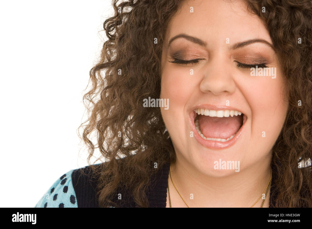 Hispanic woman making hand gesture isolated on white Stock Photo - Alamy