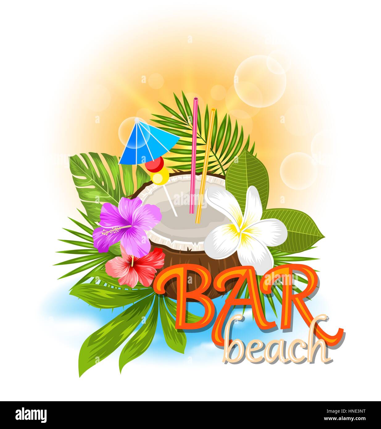 Illustration Beach Bar Background with Coconut Cocktail and Exotic ...