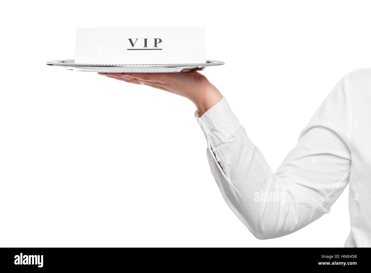 hand the waiter with a tray close-up and announcement VIP Stock Photo ...