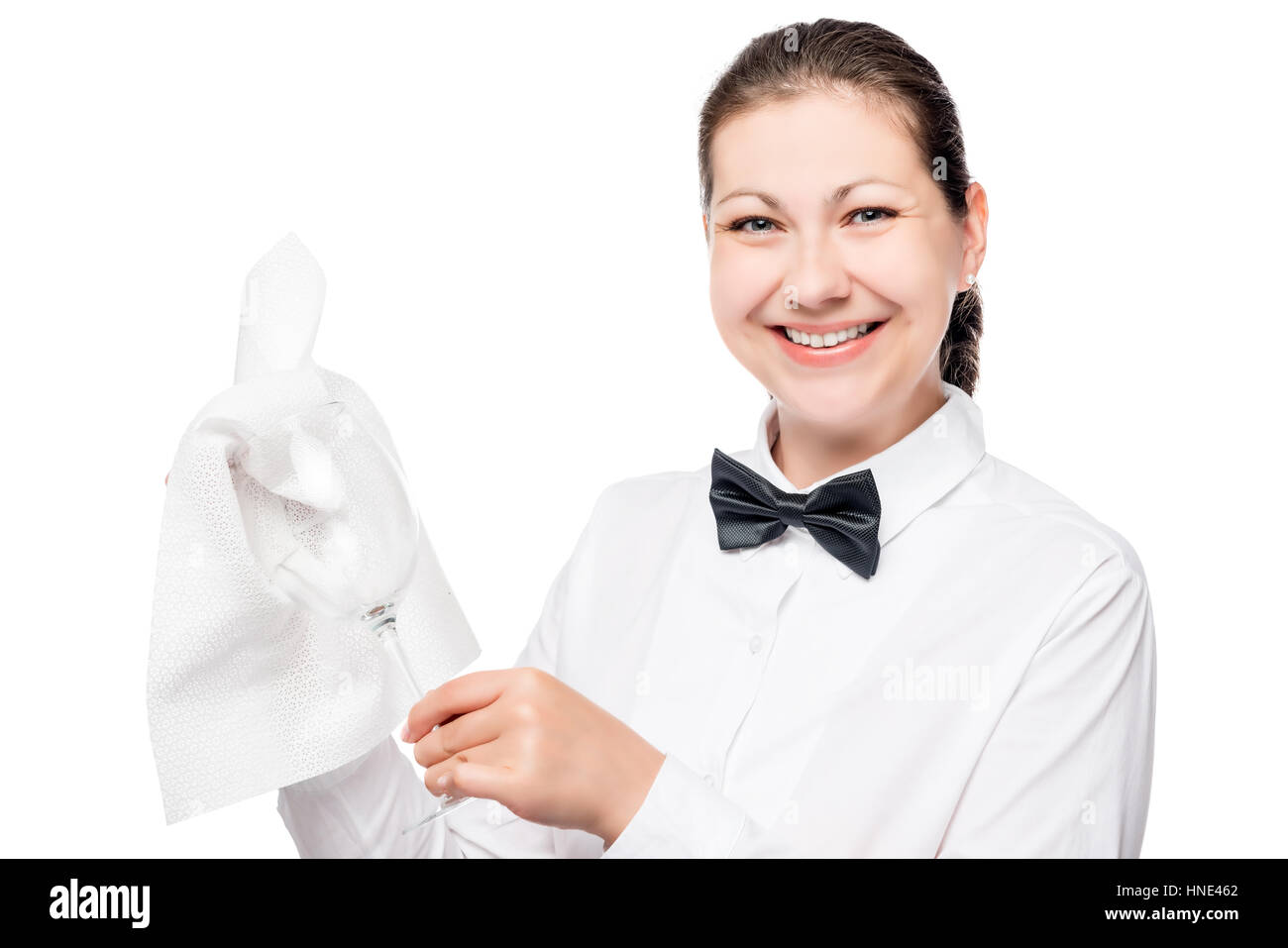 Portrait of bartender waiter with a rag and clean a glass on a white ...