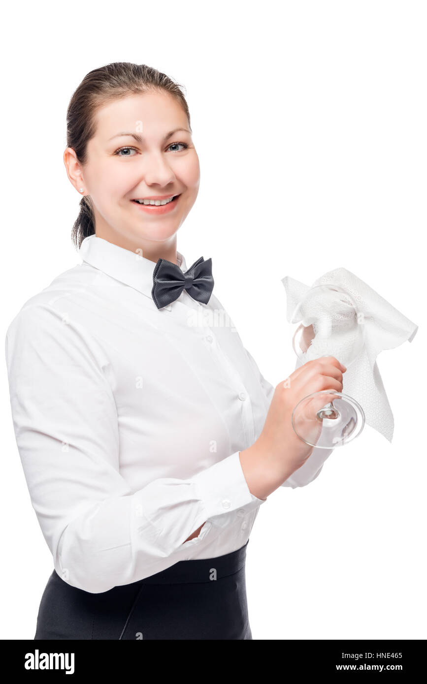 Vertical portrait of a bartender wiping glass cloth on a white ...