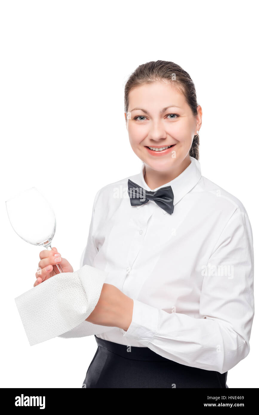 waiter with a clean glass of wine smiling on a white background Stock ...