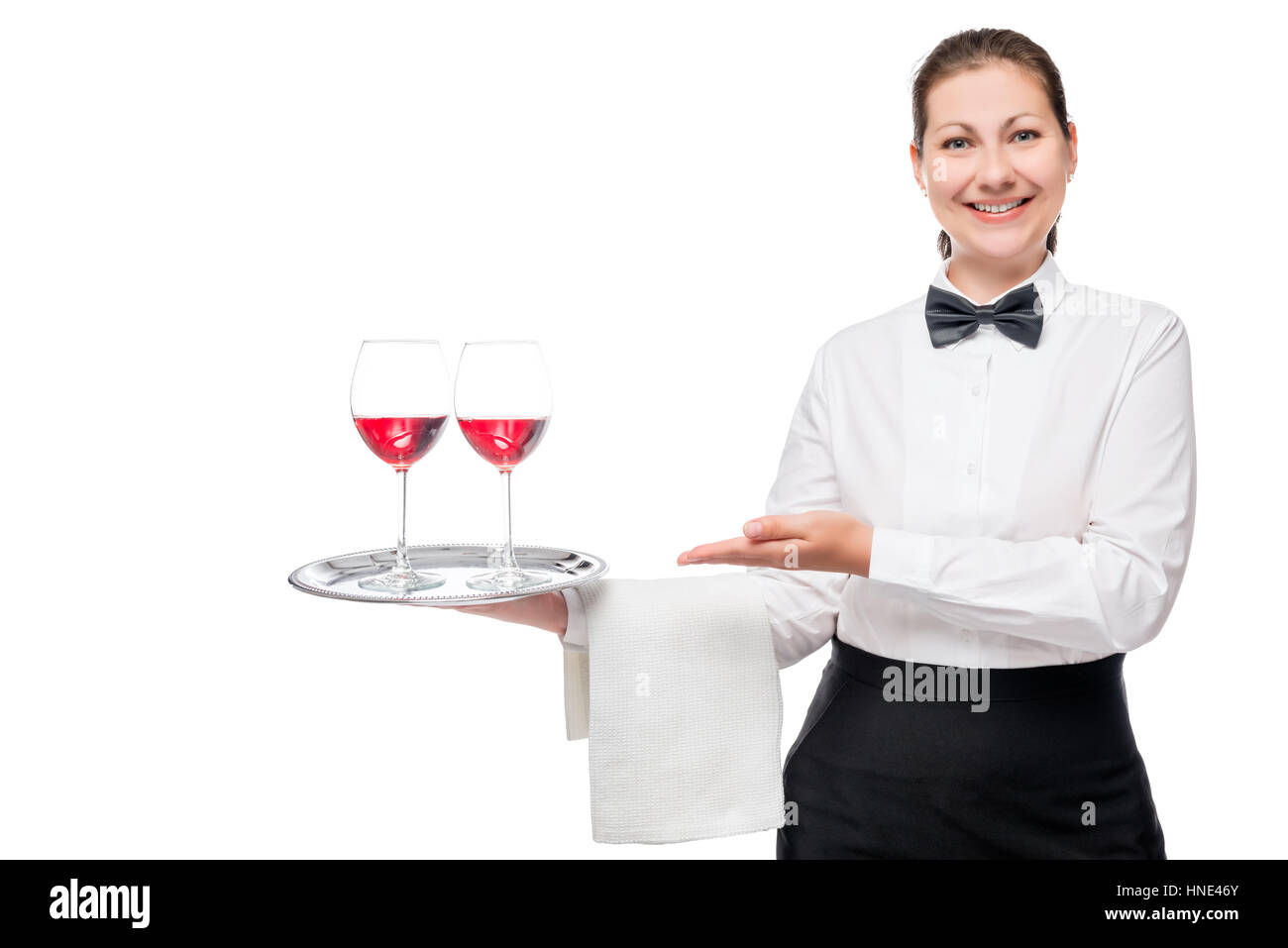 beautiful young waitress with a red wine in glasses on a white ...