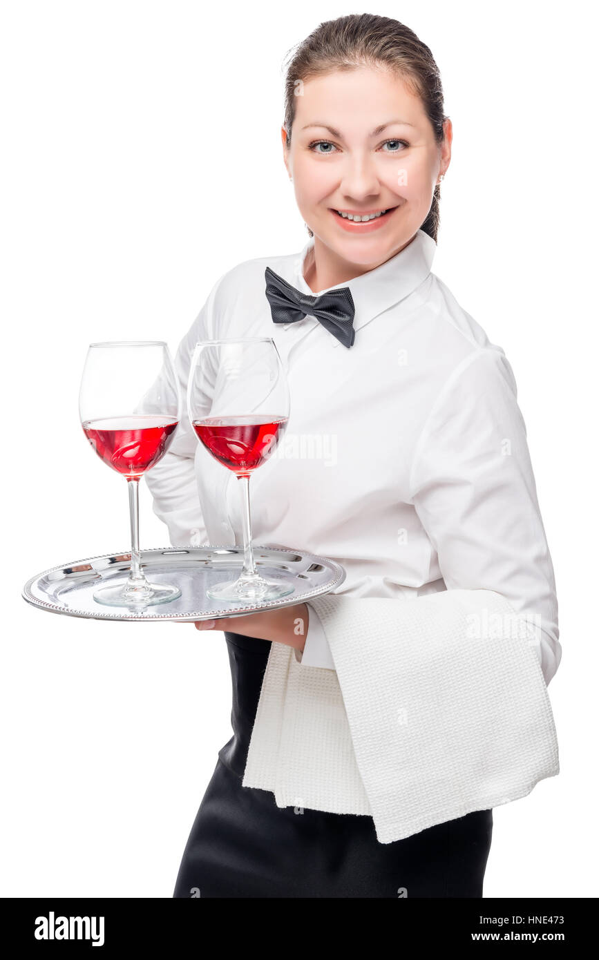 portrait of a woman - a waitress with glasses of wine on a white ...