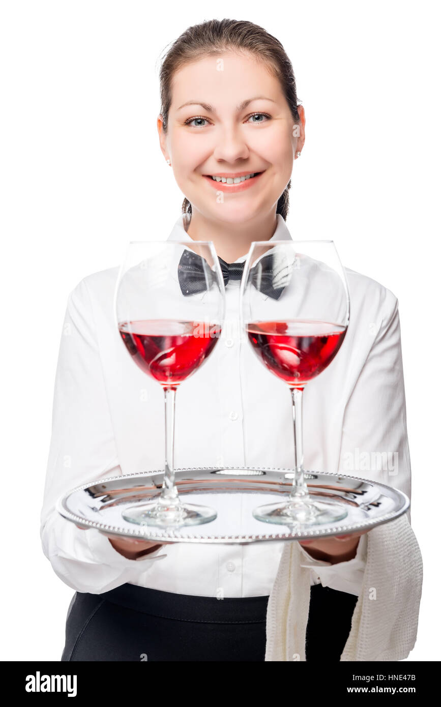 The waitress gives a delicious red wine, portrait on a white background ...