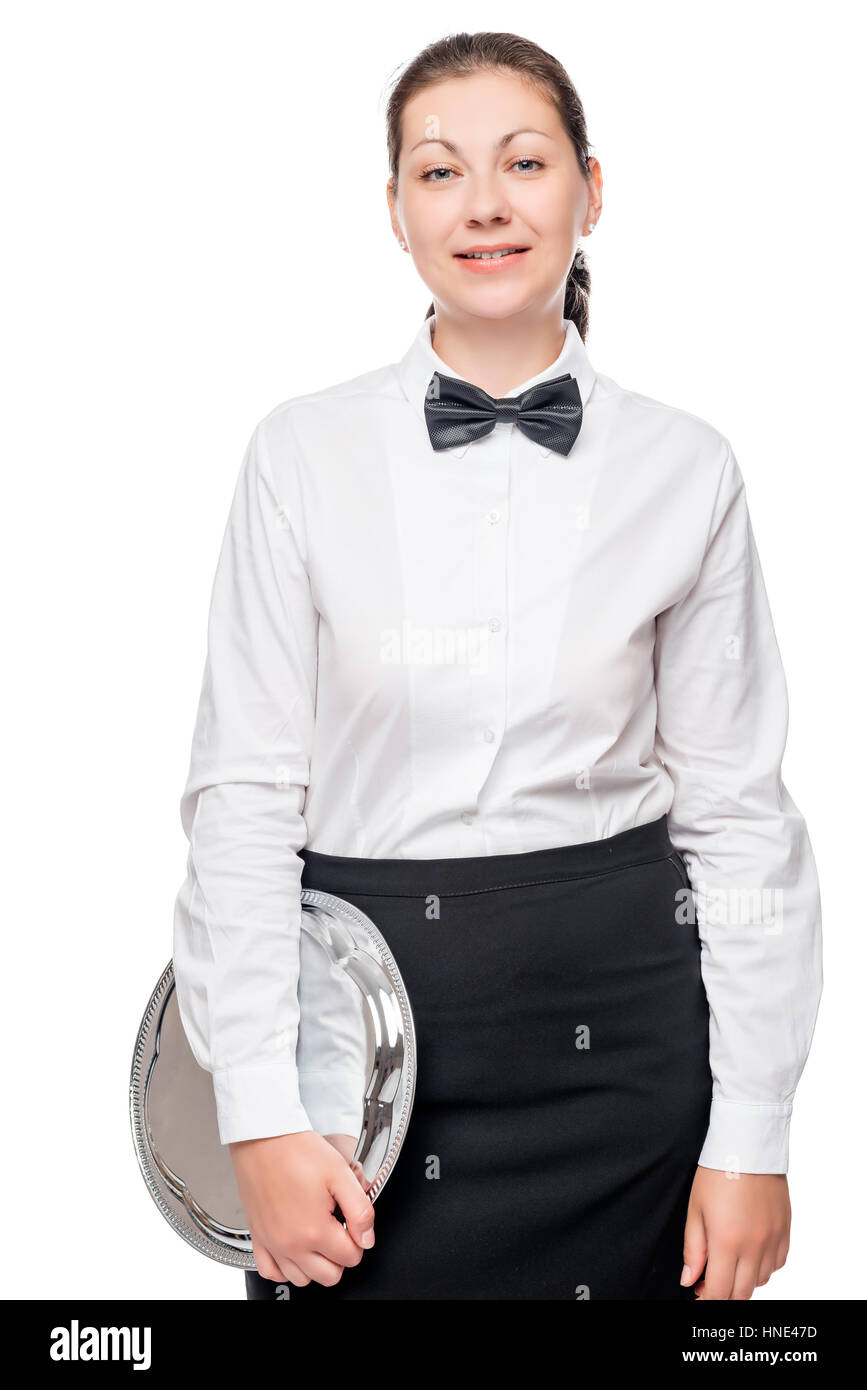 elegant waitress with a silver tray on a white background isolated ...