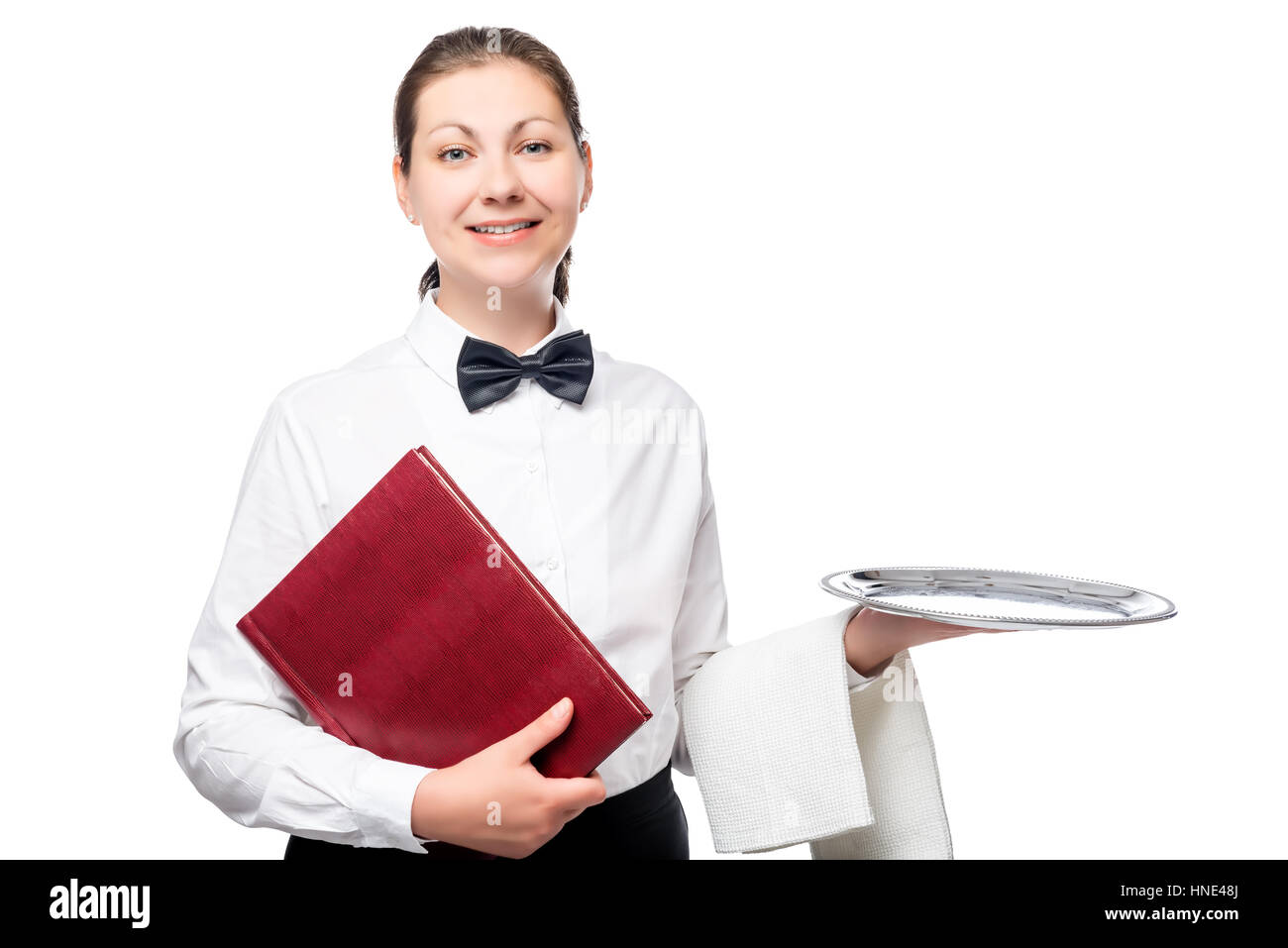 successful waitress with menus and empty tray on a white background ...