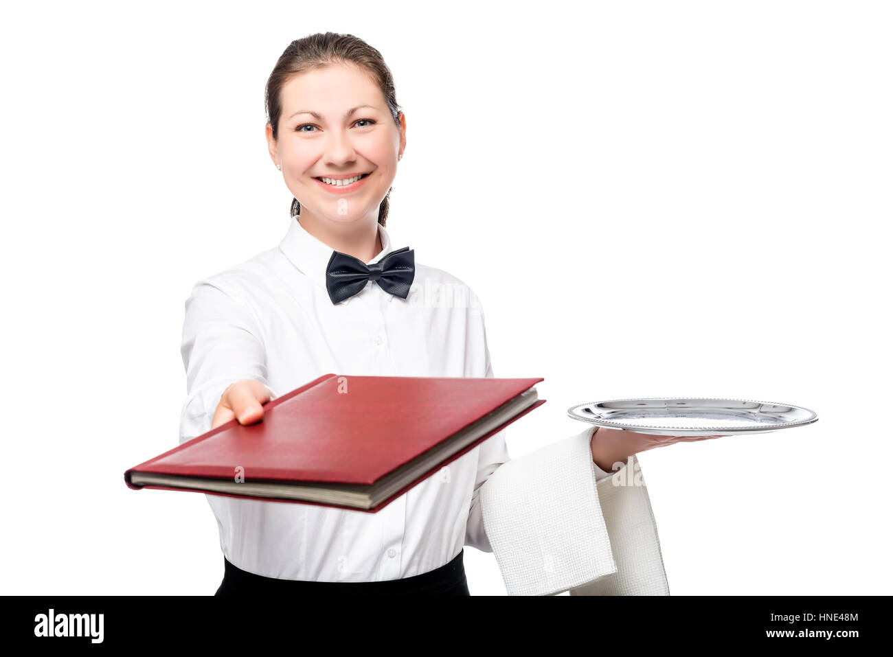 Happy waitress giving a folder menu on a white background isolated ...