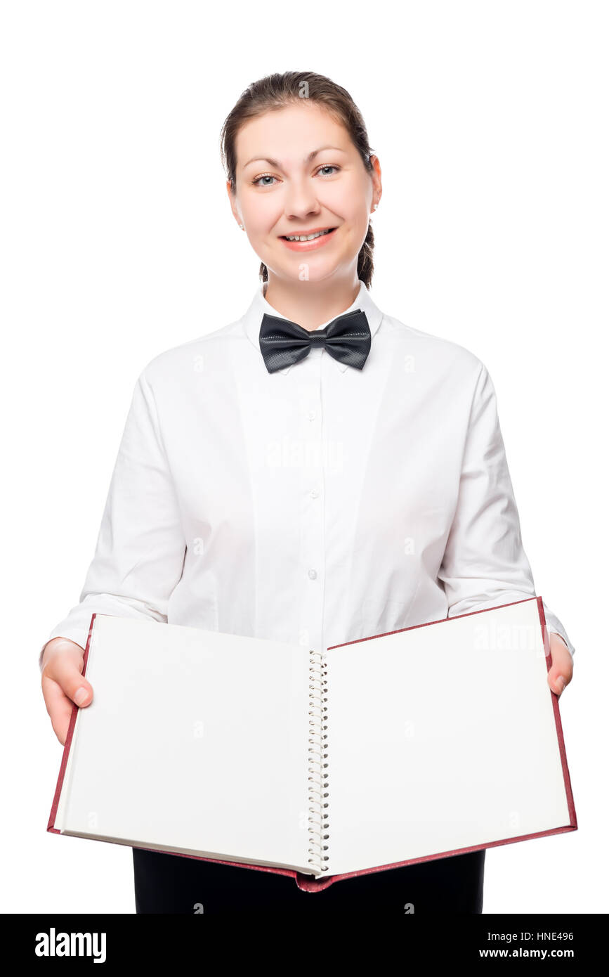 woman with menu book posing on a white background in uniform waitress ...