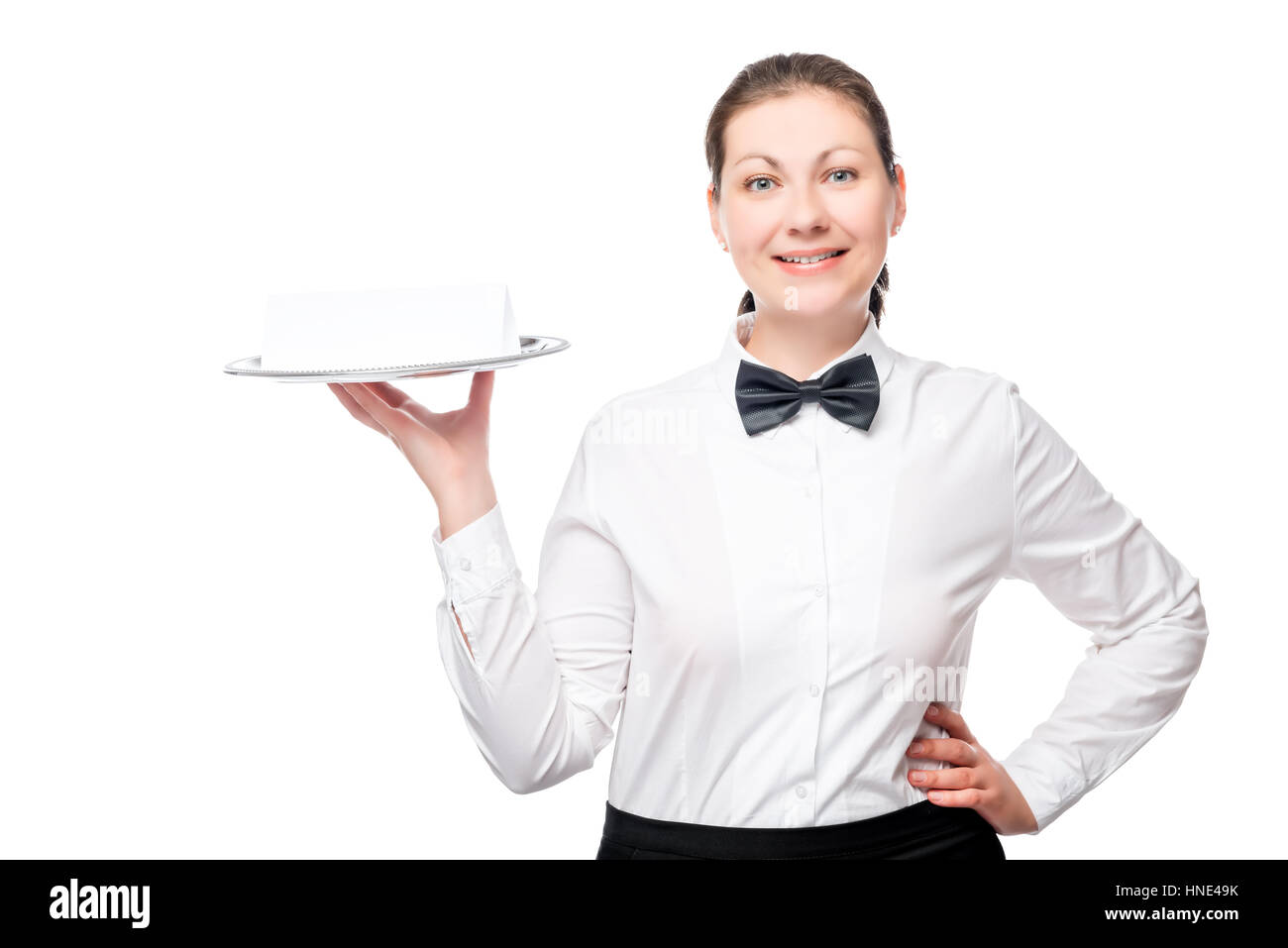 Confident waitress with a tray on a white background isolated Stock ...