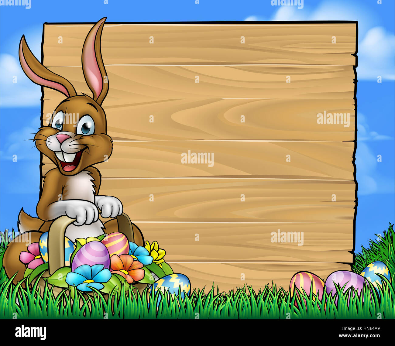 Easter background sign with the Easter bunny holding a hamper or basket ...