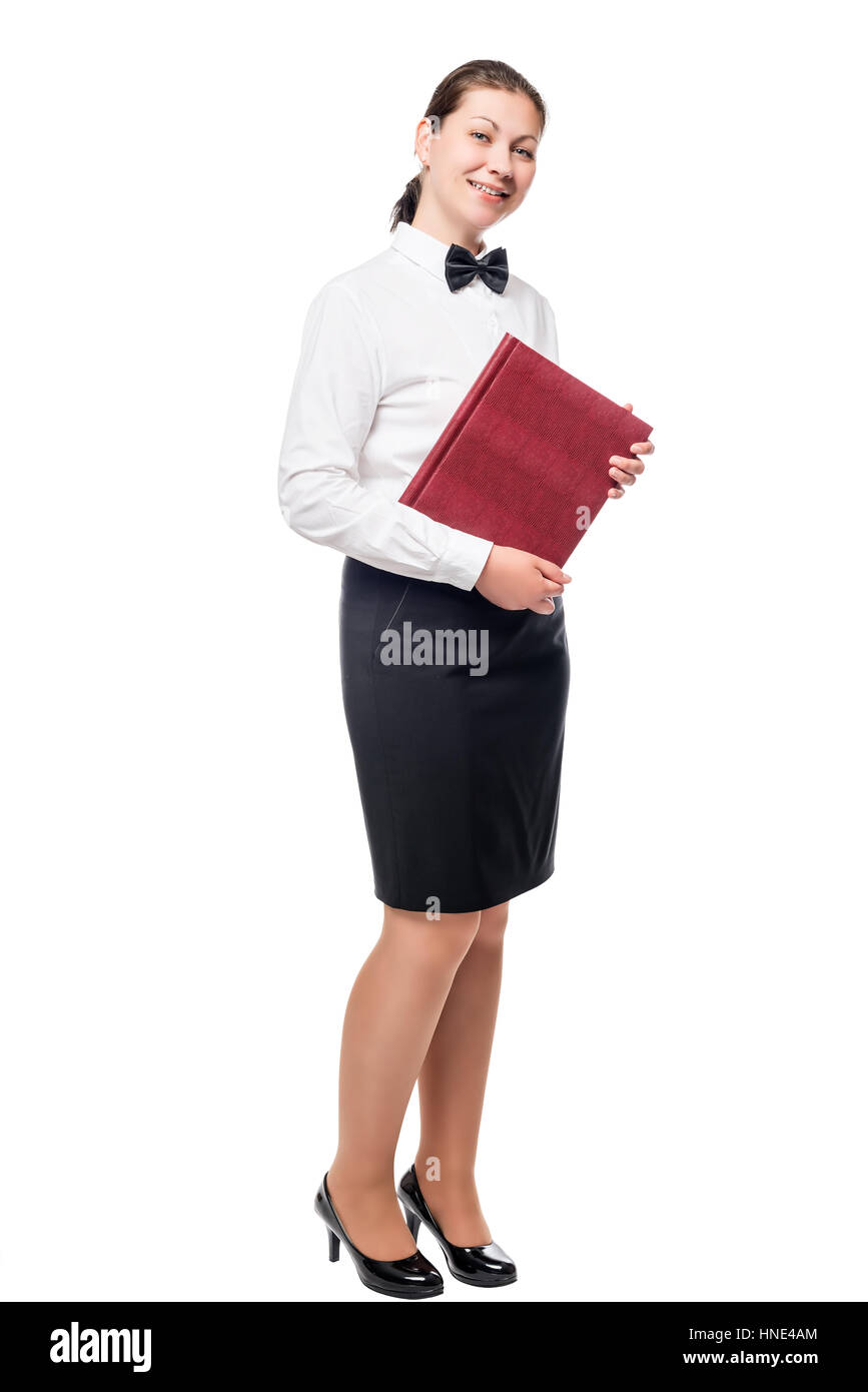 Vertical portrait of a waitress in full length in the studio on a white ...