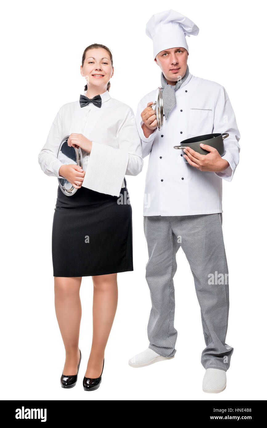 Chef with pan and waitress with a tray on a white background in full ...
