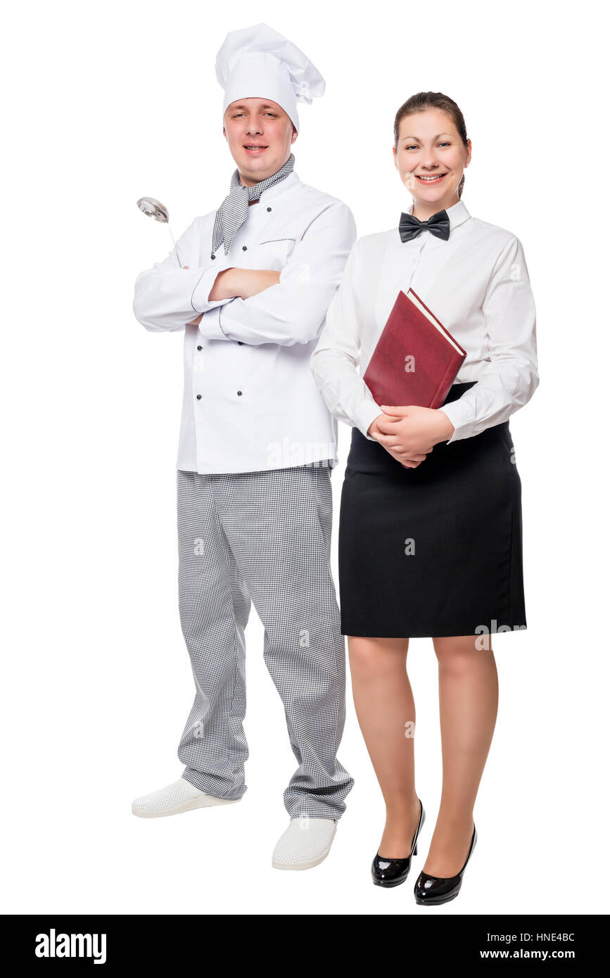 Happy chef and waiter posing in the studio on a white background Stock ...