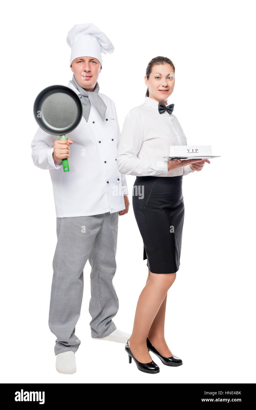 Vertical portrait of a chef and a waitress on a white background in ...