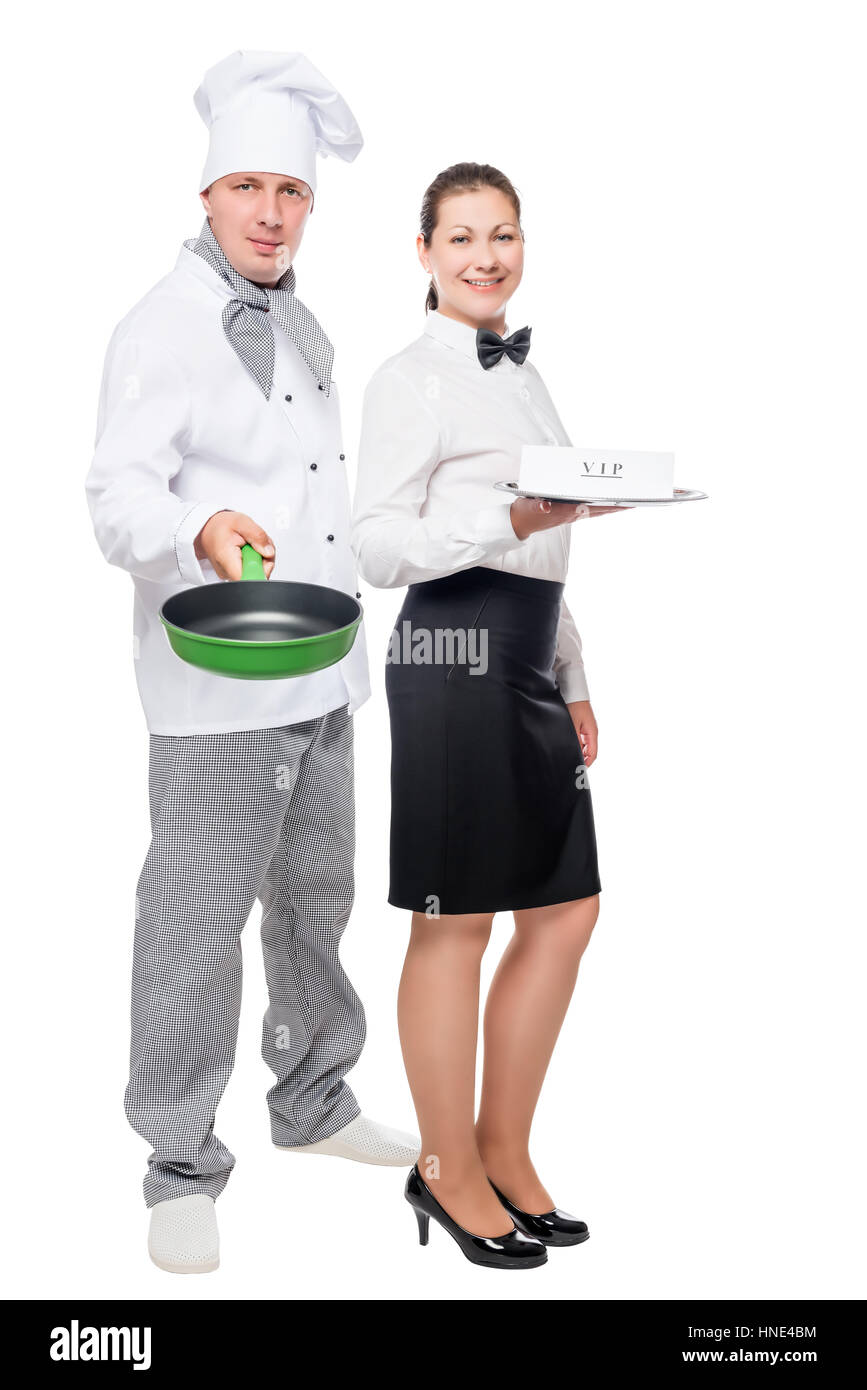 waitress and chef with cooking utensils on a white background in studio ...