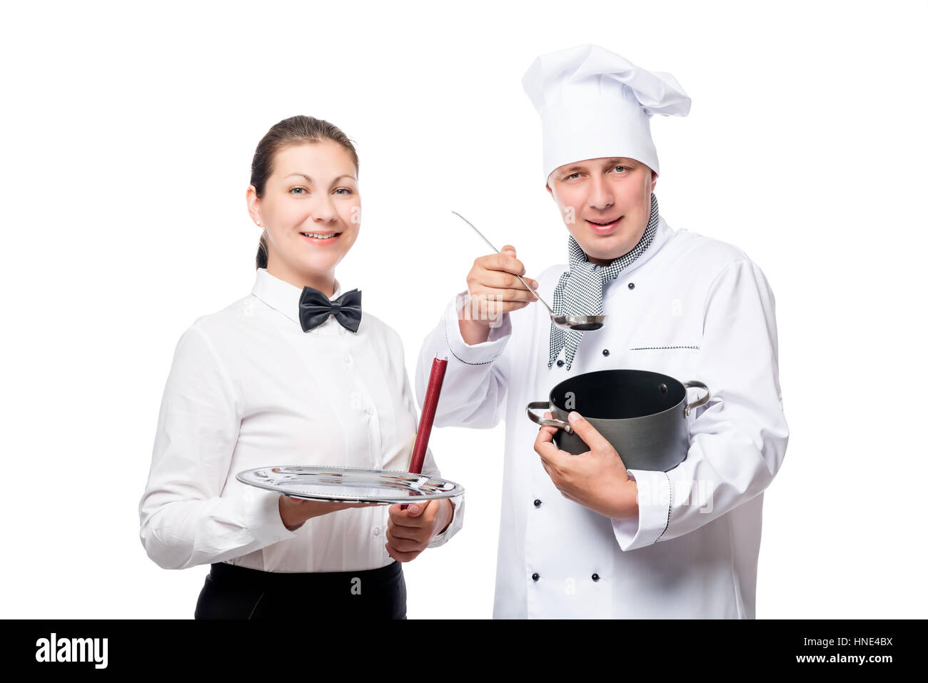 waitress with a tray and a colleague chef with pot isolated Stock Photo ...