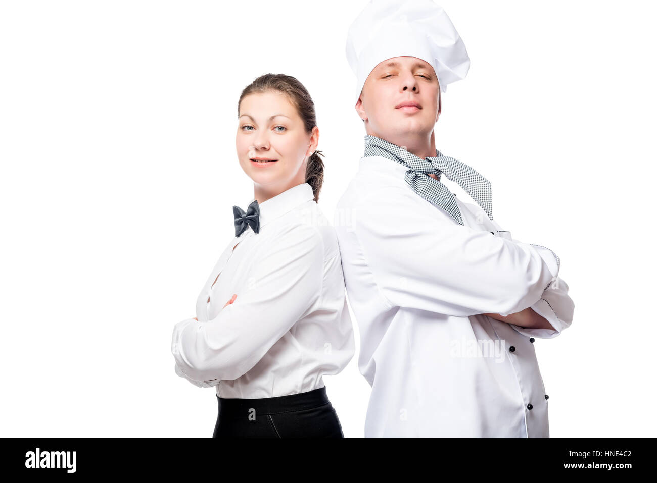 confident waitress and chef on white background portrait in uniform ...