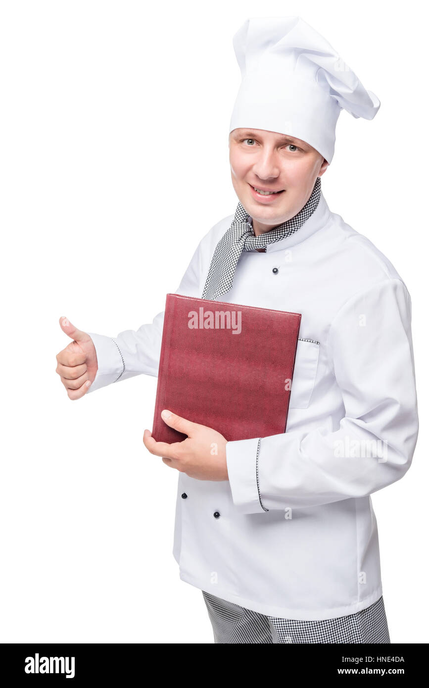 successful happy chef holding a menu on a white background Stock Photo ...