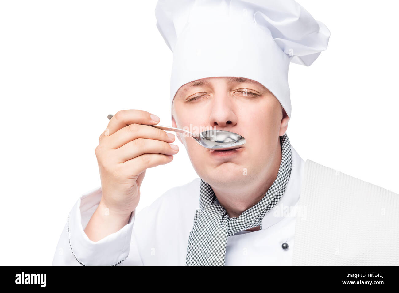 Chef tasting the soup close-up face on white background Stock Photo - Alamy