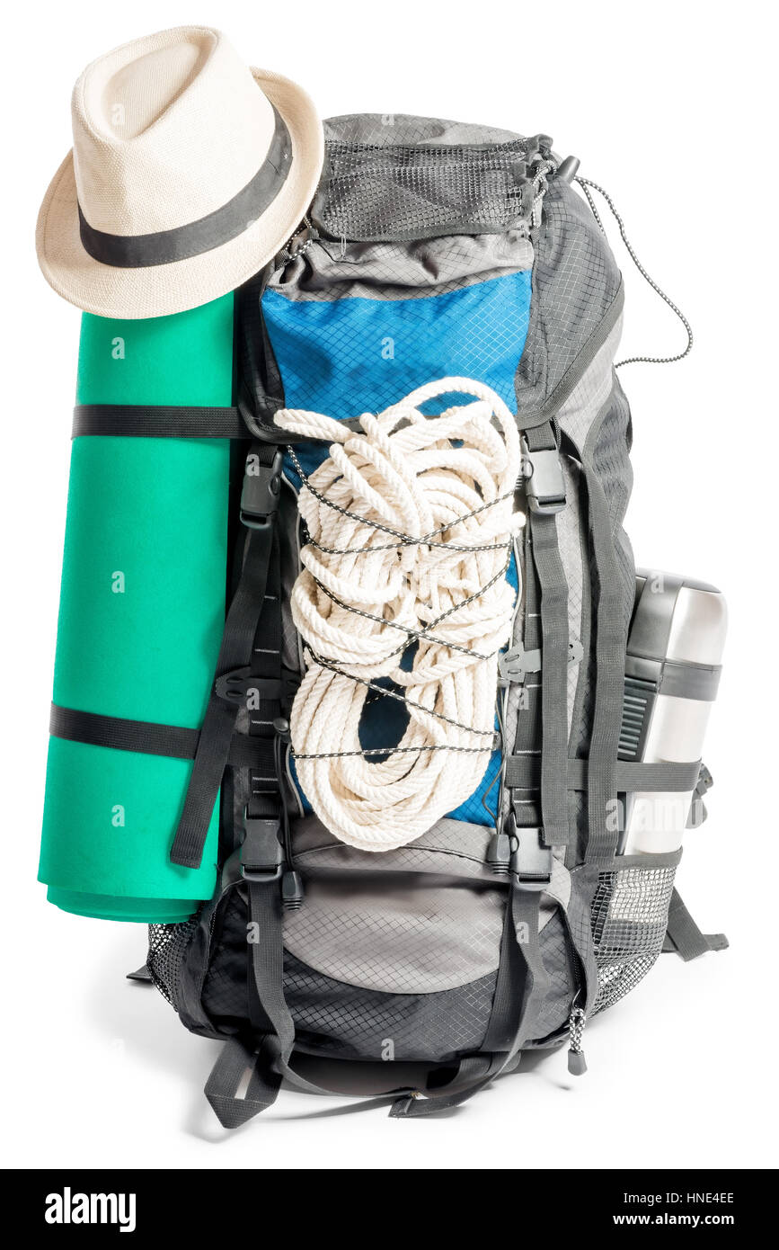 loaded backpack camp for tourists extremals on a white background Stock ...