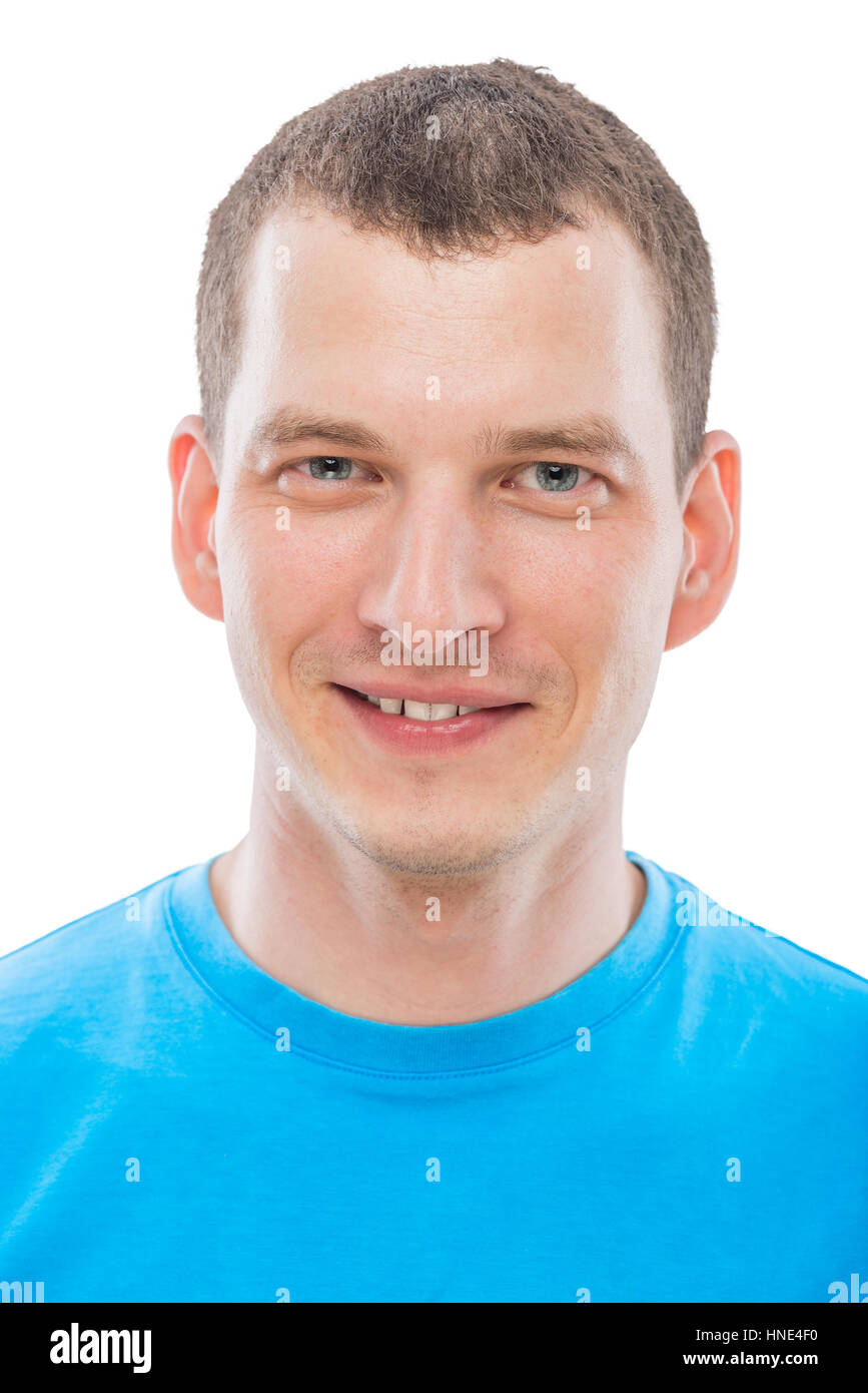 Vertical portrait of a man with a smile on a white background isolated ...