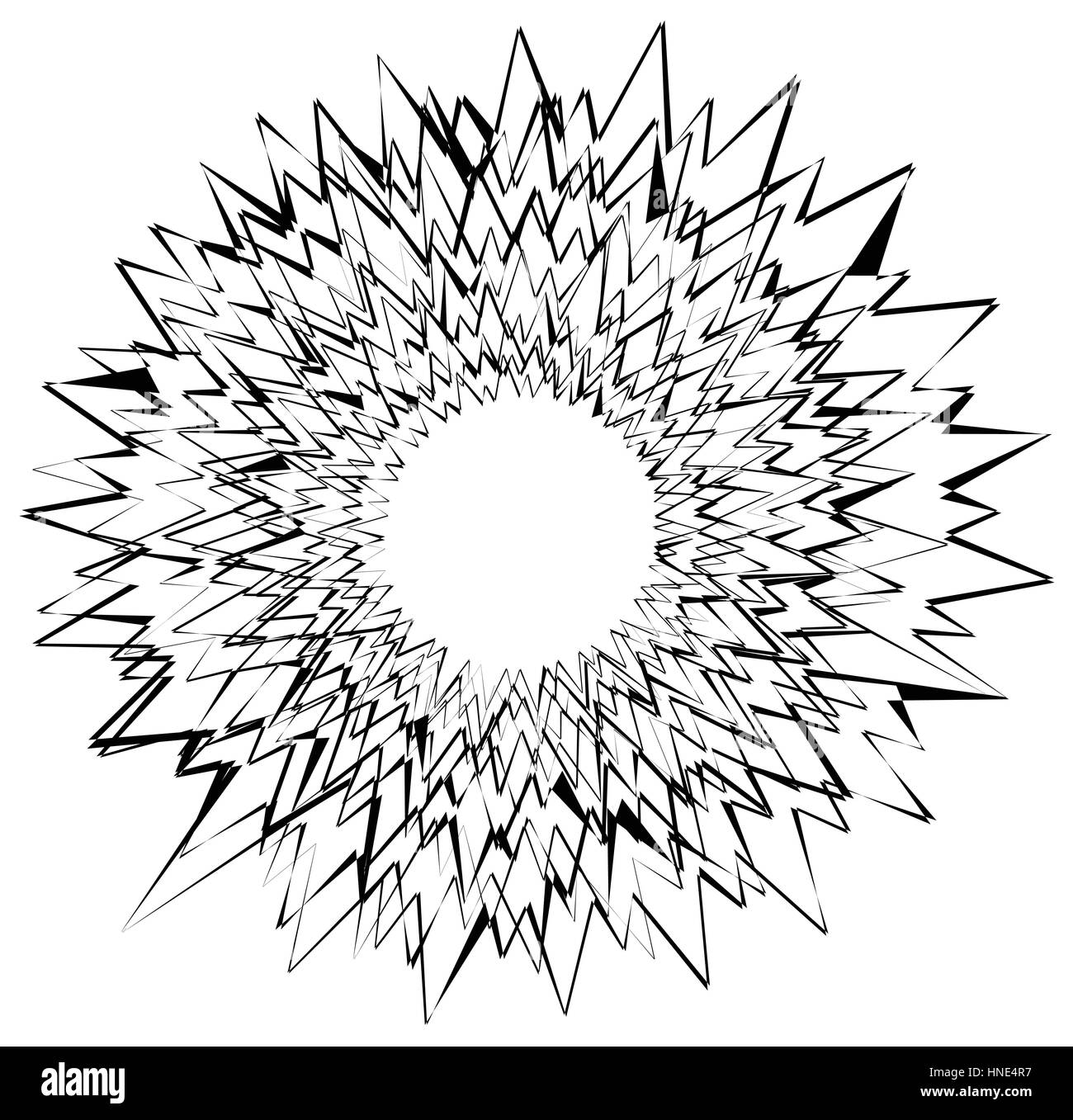circular geometric graphic with distorted radial, radiating lines. abstract monochrome ...