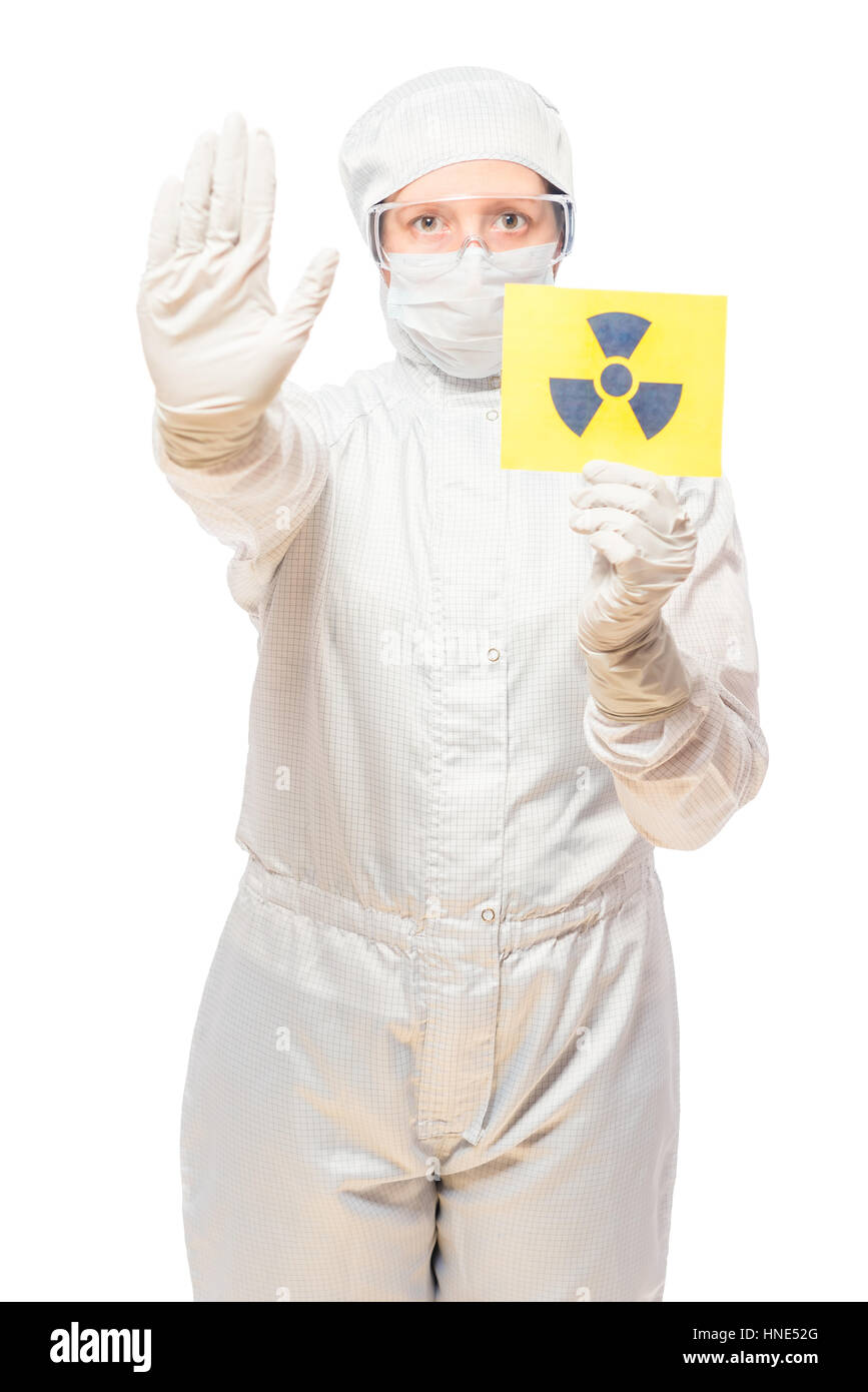 woman in the affected area with radiation in a protective suit with a ...