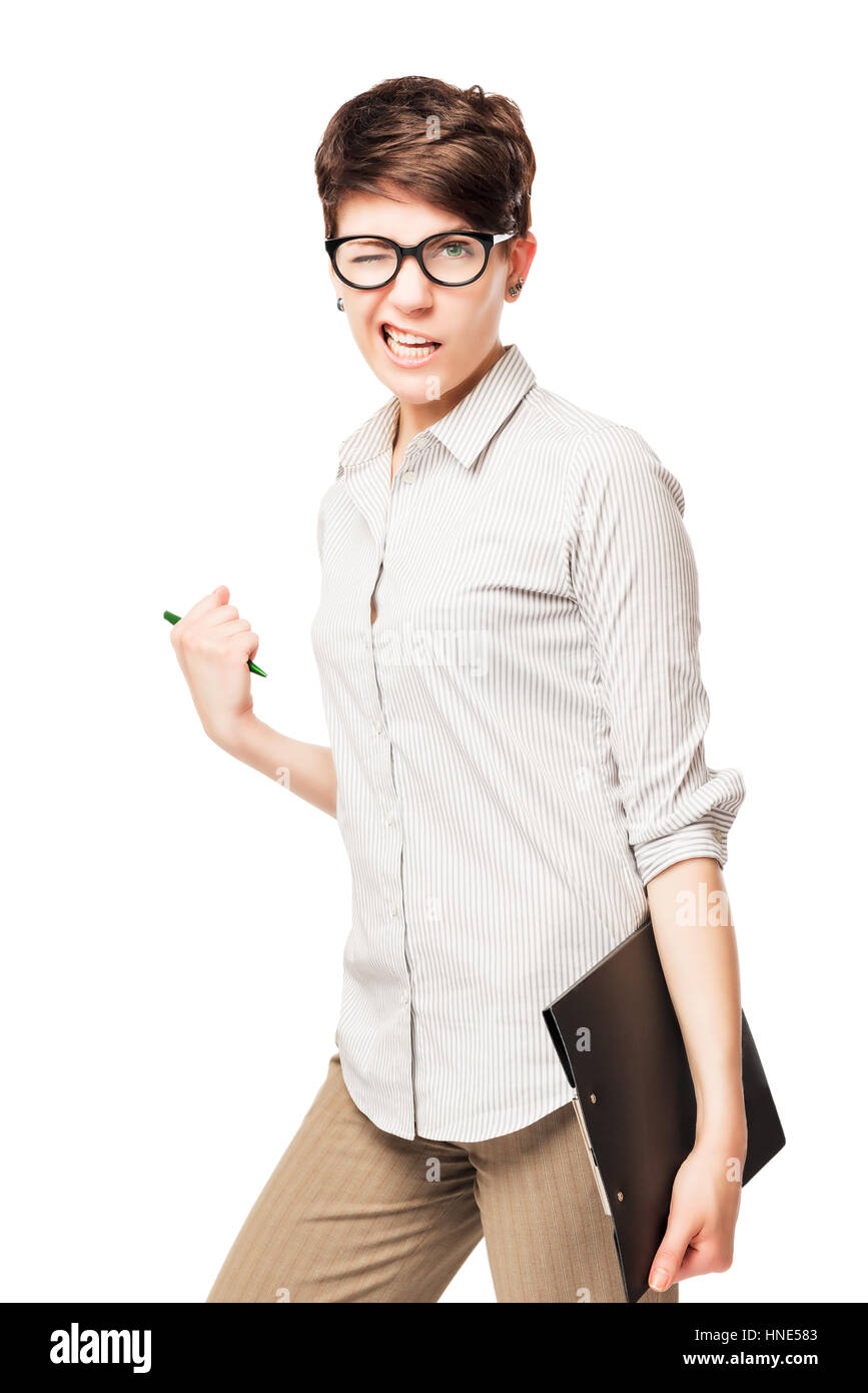 happy business girl happy successful transaction on a white background ...